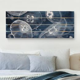 Bilderwelten Holzbild Tiere blau maritim Aquarell - Mondmedusen II - Deko Wohnzimmer Schlafzimmer