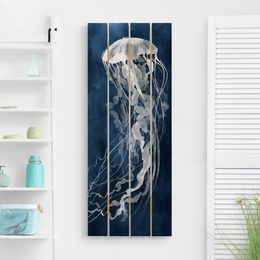 Bilderwelten Holzbild Tiere blau Illustration Aquarell - Quallentanz II - Deko Wohnzimmer Schlafzimmer
