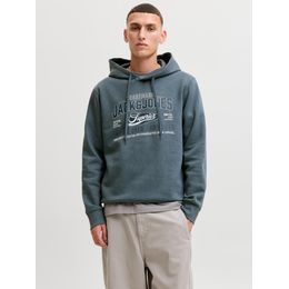 Jack & Jones JACK & JONES Herren Kapuzensweatshirt "JJELOGO SWEAT HOOD 2 COL AW26 SN", blau, Gr. M, bedruckt, angeraute Sweatware, Obermaterial: 70% Baumwolle,