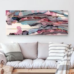 Bilderwelten Holzbild originell pink Abstrakt Aquarell - Wellenreiten in Violett mit Ros&eacute;gold - Deko Wohnzimmer Schlafzimmer