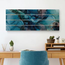 Bilderwelten Holzbild originell petrol Abstrakt Aquarell - Unterwasser in Petrol und Rot mit Gold - Deko Wohnzimmer Schlafzimmer
