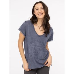 Zwillingsherz Damen T-Shirt ""Positive Mind"", blau, Gr. S, Stoff, Obermaterial: 100% Baumwolle, Shirts, V-Ausschnitt, Kurzarm, Used-Look, Baumwolle,