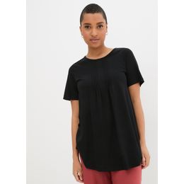 bonprix Damen T-Shirt "T-Shirt in A-Linien-Form, kurzarm", schwarz, Gr. 48, unifarben, Jersey, Obermaterial: 50% Baumwolle, 50% Viskose, Shirts,