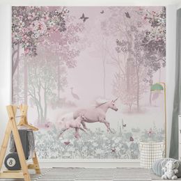 Bilderwelten Fototapete Textiltapete Stofftapete - nahtlose Tapete | Einhorn auf Blumenwiese in Rosa