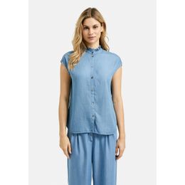 Milano Italy Damen Kurzarmbluse, blau, Gr. 44, unifarben, Web, Material: 100% Lyocell, Blusen, mit R&uuml;schen am Ausschnitt