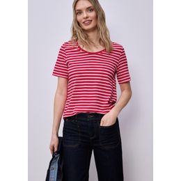 Street One Damen V-Shirt, rot, Gr. 36, gestreift, Web, 50% Baumwolle, 50% Modal, Shirts, mit V-Ausschnitt