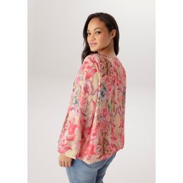 ANISTON PLUS Damen Schlupfblusegelb, rose, pink, Gr. 50, gebl&uuml;mt, gemustert, Chiffon, Obermaterial: 100% Polyester. Futter: 95% Viskose, 5% Elasthan,