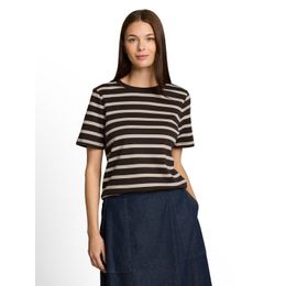 Tom Tailor Damen Kurzarmshirt, braun, Gr. L, gestreift, Jersey, Obermaterial: 100% Baumwolle, Shirts, Sommershirt mit Prints und Rundhals