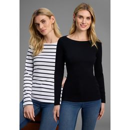Flashlights Damen Langarmshirt "aus Baumwolle, Trendstarke Farben und Streifen, im Doppelpack", schwarz-wei&szlig;, Basic, Gr. 52, gestreift, unifarben,