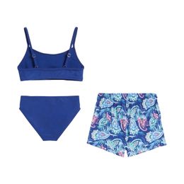 bonprix M&auml;dchen Badeanzugdunkelblau bedruckt, Gr. 164, Polyamid, Badeanz&uuml;ge, 3er Set, mit passender Badeshorts, aus elastischem Material