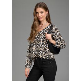 DELMAO Damen Schlupfbluse, bunt, Gr. 42, Web, Obermaterial: 100% Viskose, Blusen, femininer Stil, Langarm, aus Viskose, mit V-Ausschnitt