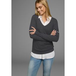 Kangaroos Damen V-Ausschnitt-Pullover, grau, Gr. 48, unifarben, Rippstrick, Obermaterial: 50% Baumwolle, 50% Polyacryl, Pullover, h&uuml;ftlange