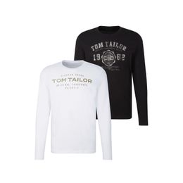Tom Tailor Herren Langarmshirt, schwarz, Gr. L, bedruckt, Jersey, Obermaterial: 100% Baumwolle, Shirts, 2er Pack / mit Logo Print