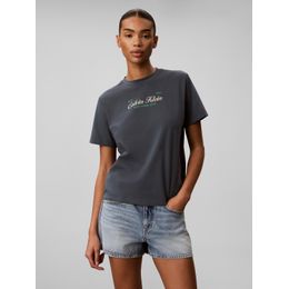 Damen T-Shirt, grau, Gr. S, Calvin Klein Jeans, unifarben, Jersey, Obermaterial: 100% Baumwolle, Shirts, Rundhalsausschnitt, Regular Fit, reine