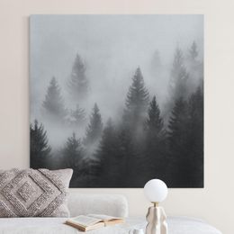 Bilderwelten Akustikbild Nadelwald im Nebel Schwarz Wei&szlig;