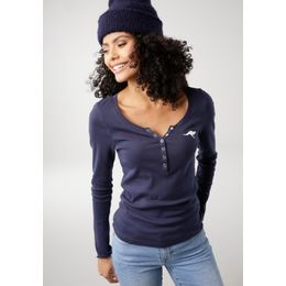 Kangaroos Damen Langarmshirt, blau, Basic, Gr. 36, bedruckt, kontrastfarbene Details, unifarben, Rippware, Obermaterial: 100% Baumwolle, Shirts,