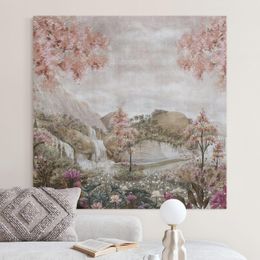 Bilderwelten Akustikbild Rosa Bl&uuml;ten am Fluss