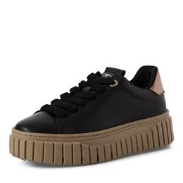 Tamaris Damen Plateausneaker, Gr. 39, schwarz, Rindsleder, leicht gl&auml;nzend, unifarben mit Farbeinsatz, Schuhe, Freizeitschuh, Halbschuh, Schn&uuml;rschuh