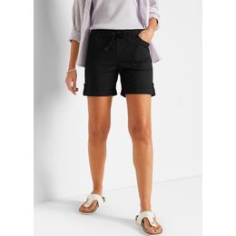 bonprix Damen Bermudas "Baumwoll-Bermuda mit Gummibund", schwarz, Gr. 50, unifarben, Web, Obermaterial: 98% Baumwolle, 2% Elasthan, Hosen, aus