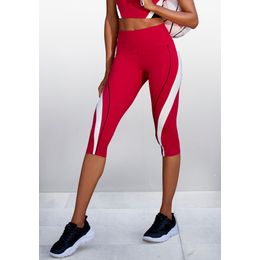 active by Lascana LASCANA ACTIVE Damen Caprihose, rot, Gr. M, unifarben mit Farbeinsatz, Trikot, Obermaterial: 85% Polyester, 15% Elasthan, Hosen, mit seitlichem
