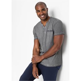 bonprix Herren Henleyshirt, grau, Gr. 68, meliert, unifarben, washed, Jersey, Obermaterial: 100% Baumwolle, Shirts, Regular fit, Kurzarm, aus