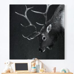 Bilderwelten Akustikbild Illustration Hirsch und Hase Schwarz Wei&szlig; Malerei