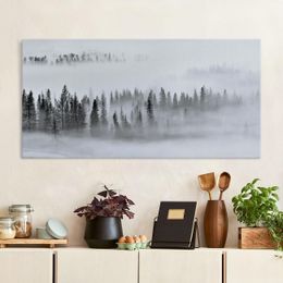 Bilderwelten Akustikbild Nebel im Tannenwald Schwarz-Wei&szlig;
