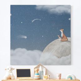 Bilderwelten Akustikbild Fuchs und Maus auf dem Mond Blau