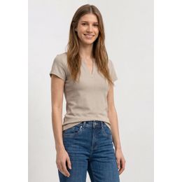 Street One Damen T-Shirt, beige, Gr. 44, unifarben, Web, 48% Baumwolle, 47% Modal, 5% Elasthan, Shirts, mit geschlitztem Rundhalsausschnitt