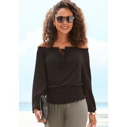Lascana Damen Carmenshirt, schwarz, Gr. 40, unifarben, Jersey, Obermaterial: 100% Viskose, Shirts, mit 3/4-&Auml;rmeln, Blusenshirt mit Bindeband und