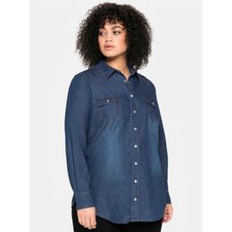 sheego Damen Jeansbluse, blau, Gr. 48, unifarben, 100% Baumwolle, Blusen