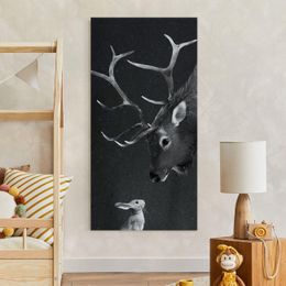 Bilderwelten Akustikbild Illustration Hirsch und Hase Schwarz Wei&szlig; Malerei