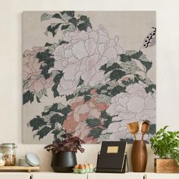 Bilderwelten Akustikbild Katsushika Hokusai - Rosa Pfingstrosen mit Schmetterling
