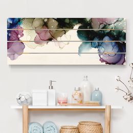 Bilderwelten Holzbild originell blau Abstrakt Aquarell - Blumenbogen mit Gold - Deko Wohnzimmer Schlafzimmer