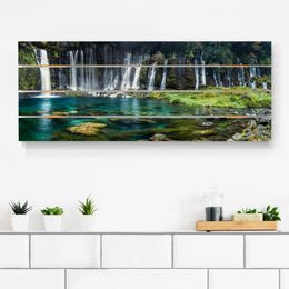 Bilderwelten Holzbild Wald petrol Motiv nat&uuml;rlicher Effekt - Shiraito Wasserfall - Asia Wohnzimmer Schlafzimmer