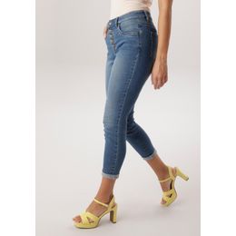 Damen Straight-Jeans, blau, Gr. 42, Aniston SELECTED, Denim/Jeans, Obermaterial: 98% Baumwolle, 2% Elasthan, Jeans, sichtbare Knopfleiste und