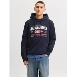 Jack & Jones JACK & JONES Herren Kapuzensweatshirt "JJELOGO SWEAT HOOD 2 COL AW26 SN", blau, Gr. L, bedruckt, angeraute Sweatware, Obermaterial: 70% Baumwolle,
