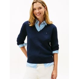 Tommy Hilfiger Damen Strickpullover "CO CABLE FINE GG V-NK LS SWT", blau, Gr. L, unifarben, Strick, Obermaterial: 100% Baumwolle, Pullover,