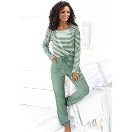 Damen Pyjama, VIVANCE DREAMS BY LASCANA, Gr. 52, gr&uuml;n, Single Jersey, Obermaterial: 100% Baumwolle, bestickt, gestreift, Basic, Homewear-Sets, mit
