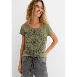 bonprix Damen T-Shirt, gr&uuml;n, Gr. 40, bedruckt, unifarben, Jersey, Obermaterial: 100% Baumwolle, Shirts, gerade Passform, Kurzarm, mit dekorativem