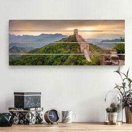Bilderwelten Holzbild Natur gr&uuml;n Motiv nat&uuml;rlicher Effekt - Die unendliche Mauer von China - China Wohnzimmer Schlafzimmer