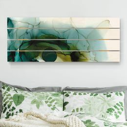 Bilderwelten Holzbild originell petrol Abstrakt Aquarell - Goldener Waldspaziergang - Deko Wohnzimmer Schlafzimmer