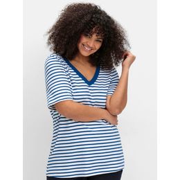 sheego Damen T-Shirt "T-Shirt", blau, Gr. 44, gemustert, gestreift, 97% Baumwolle, 3% Elasthan, Shirts