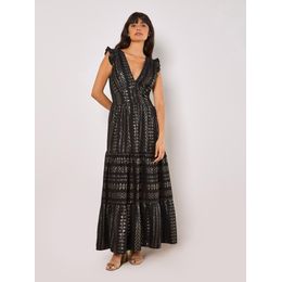Apricot Damen Maxikleid "Ruffle Hem Maxi Dress", schwarz, Gr. M, gemustert, gewebt, Obermaterial: 70% Viskose CV. 30% metallisierte Fasern MTF.,