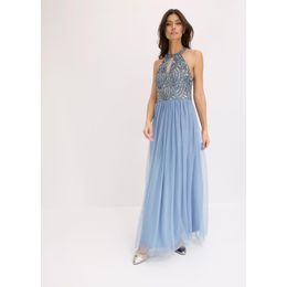 bonprix Damen Maxikleid, blau, festlich, Gr. 42, Obermaterial: 100% Polyester. Futter: 100% Polyester, Kleider, ausgestellte Passform, Neckholder mit