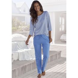 H.I.S. H.I.S Damen Pyjama, Gr. 44, blau, Single Jersey, Obermaterial: 95% Baumwolle, 5% Elasthan, bestickt, gestreift, Basic, Homewear-Sets, mit