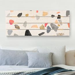 Bilderwelten Holzbild originell weiss Abstrakt Aquarell - Wei&szlig;er Terrazzo mit Goldsteinchen - Deko Wohnzimmer Schlafzimmer