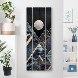 Bilderwelten Holzbild originell blau Abstrakt Aquarell - Goldener Mond abstrakte schwarze Berge - Deko Wohnzimmer Schlafzimmer