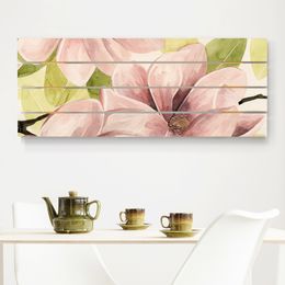 Bilderwelten Holzbild Blumen rosa Landhaus nat&uuml;rlicher Effekt - Magnolie err&ouml;tet II - Deko Wohnzimmer Schlafzimmer