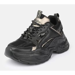 Buffalo Damen Plateausneaker "Yuno one", Gr. 37, schwarz, Lederimitat, Textil, metallic, Schuhe, Halbschuh, Schn&uuml;rschuh, Retro-Sneaker mit Memory